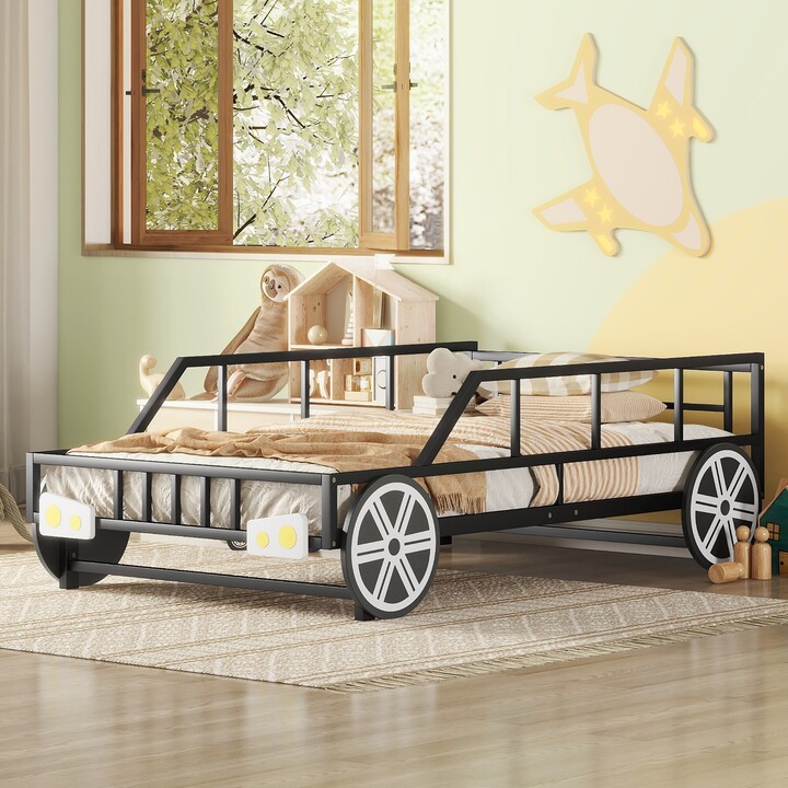 NINEDIN Twin Size Car-shaped Platform Bed w/ Wheels & Headlights ...