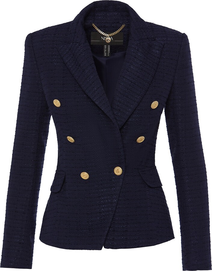 Nissa - Double-Breasted Navy Blue Viscose Blazer - ShopStyle