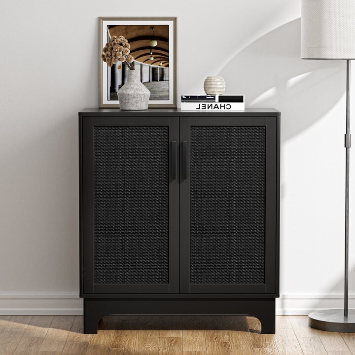 Anmytek Black Buffets and Sideboards Rattan Accent Storage Cabinet with ...