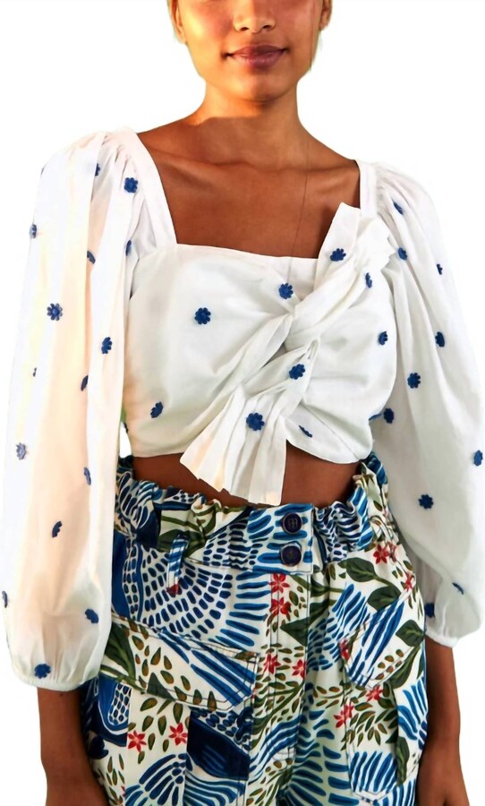 Farm Rio Blue Flowers Long Sleeve Crop Top In Blue/white - ShopStyle