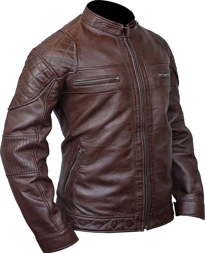 HiFacon Men Quilted Brown Genuine Leather Jacket - Hand Waxed Brown ...