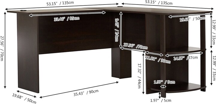 karlinc L-Shaped Wood Computer Desk with 2-layer Bookshelves Dark Brown ...