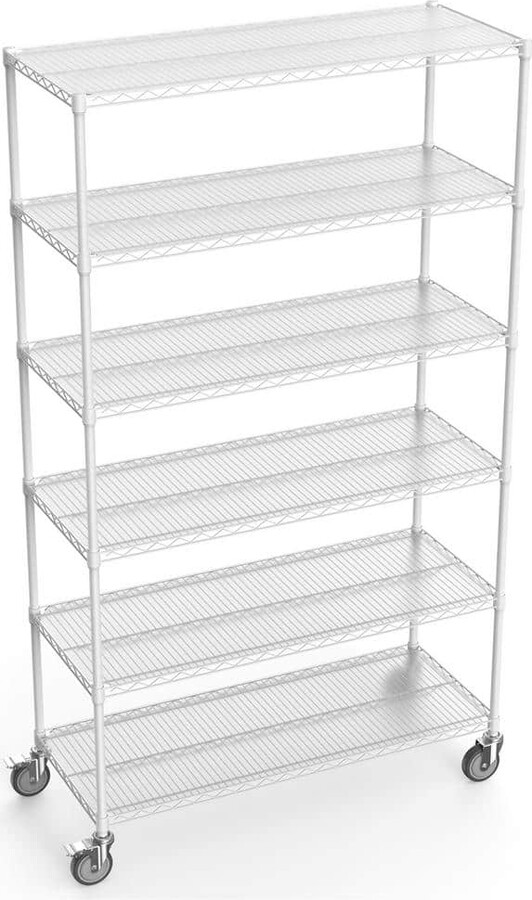 FUNKOL 6-Tier Heavy-Duty Storage Wire Rack with Wheels, White 6000 lbs. NSF Height Adjustable ...