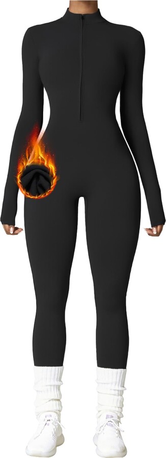 OEAK Women Jumpsuit Fleece Lined Bodysuit Long Sleeve Zip up Unitard ...