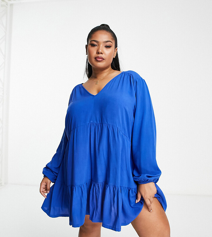 Esmee Curve Esmee Plus Exclusive beach mini tiered smock summer dress in cobalt blue - ShopStyle