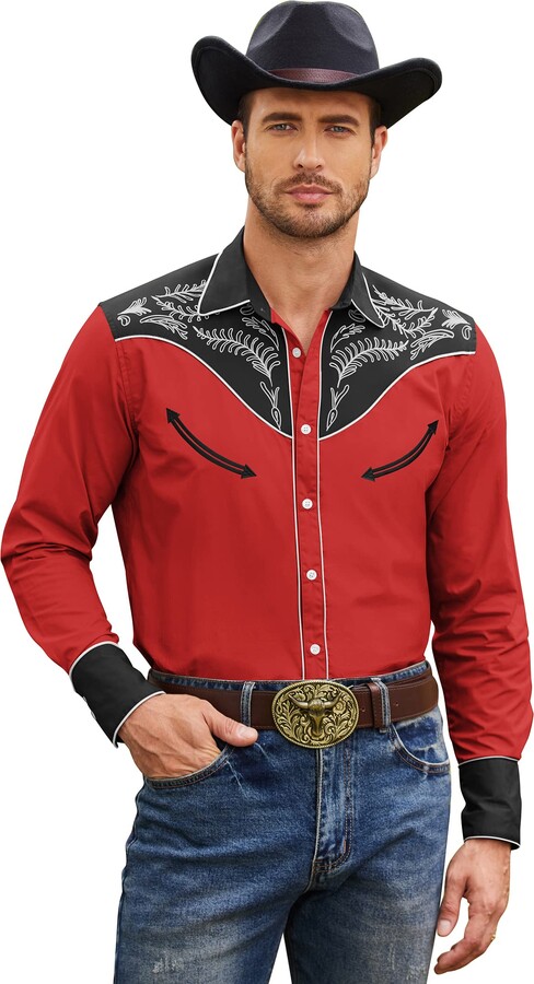 COOFANDY Men's Western Cowboy Embroidered Long Sleeve Button Down Shirt - - XXL - ShopStyle