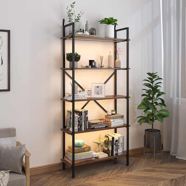 EPOWP 5 Tier Bookshelf with 3 LED Lights, Industrial Bookshelf Tall ...