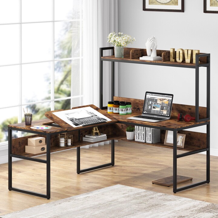 Farfarview L-Shaped Computer Desk with Hutch and Tiltable Desktop,65 ...