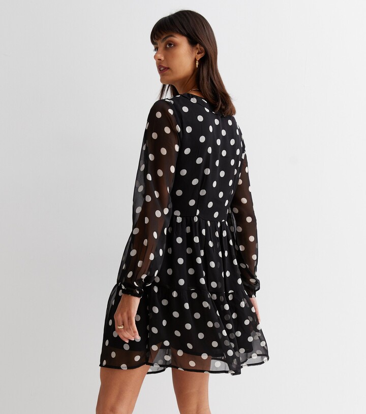 New Look Black Spot Chiffon Frill V Neck Long Sleeve Mini Dress - ShopStyle