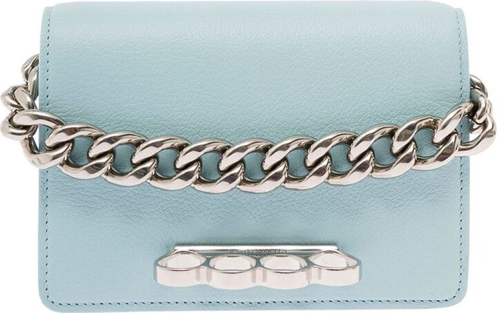 Alexander McQueen Mini Four Ring Light Blue Hammered Leather Crossbody ...