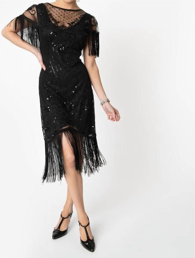 Unique Vintage 1920S Beaded W/ Fringe Nadine Flapper Dress In Black ...