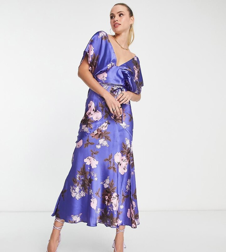 ASOS Tall ASOS DESIGN Tall satin batwing midi dress with large floral print in purple - ShopStyle