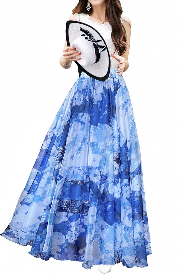 Afibi Womens Blending Chiffon Retro Long Maxi Skirt Vintage Dress ...