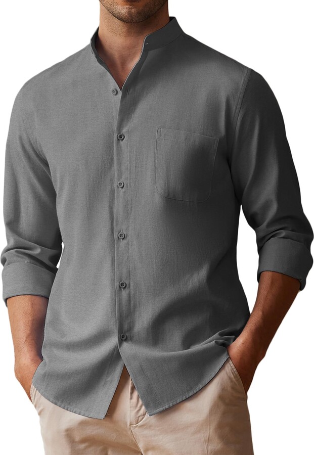 COOFANDY Men's Long Sleeve Oxford Shirt Band Collar Button Down Shirts ...