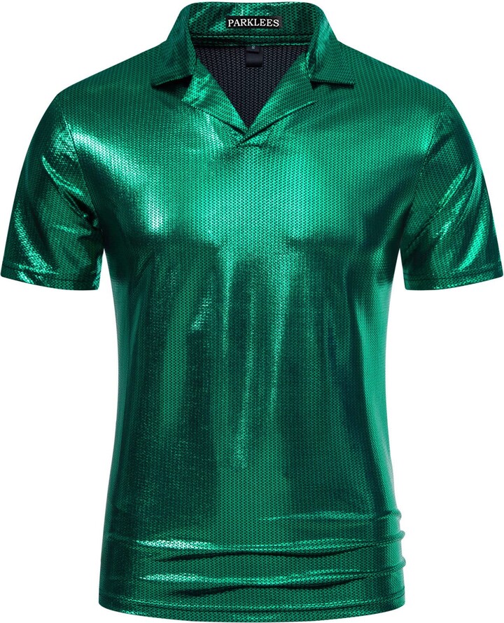 PARKLEES Mens Hipster Metallic Gold Short Sleeve Polo Shirt 70s Disco ...