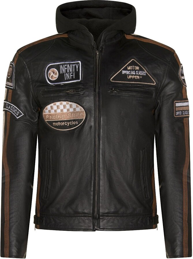 Infinity Leather Mens Black Leather Biker Hood Racing Moto Jacket L ...