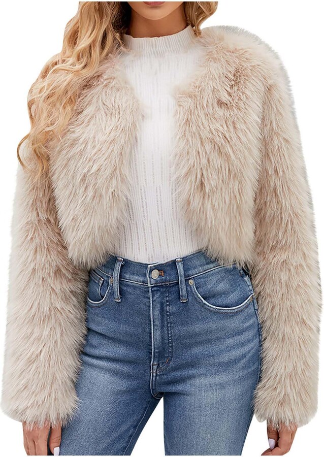 AMhomely Womens Faux Fur Coat Short Plus Size Cropped Furry Jacket Fluffy Coats For Dress Open ...
