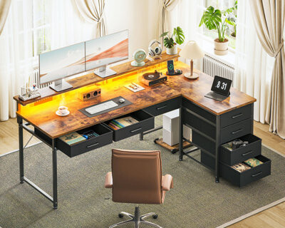 Inbox Zero Computer Desk With 7-tier Fabric Drawers,reversible L-shaped ...