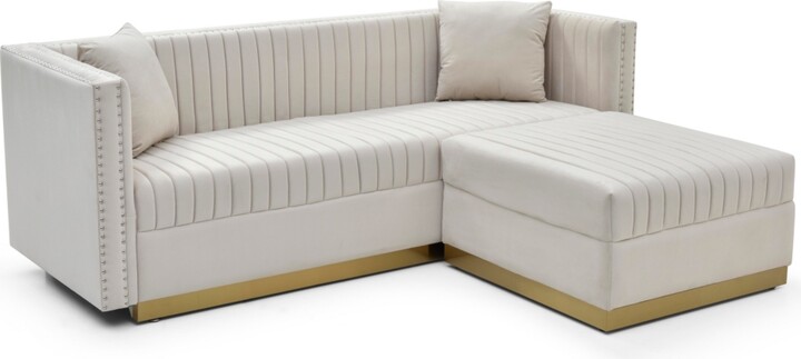 Simplie Fun Big Beige Velvet Ottoman with Vertical Tufting - Beige ...