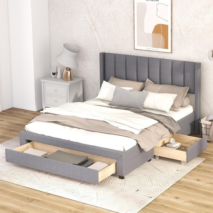 Aoolive Queen/King Size Upholstered Platform Bed with One Large Drawer ...