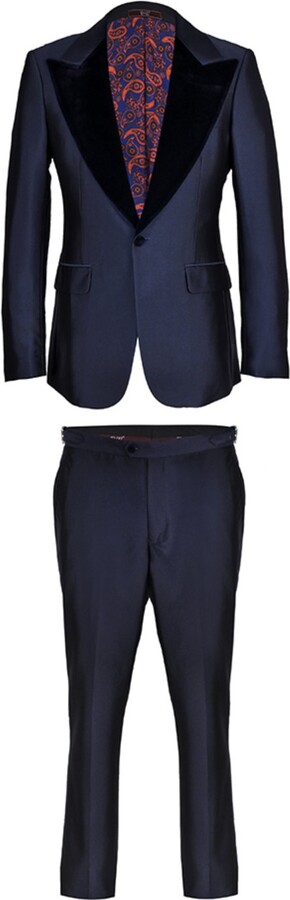 David Wej Signature Three Pieces Satin Peak Lapel Tuxedo - Navy Blue ...