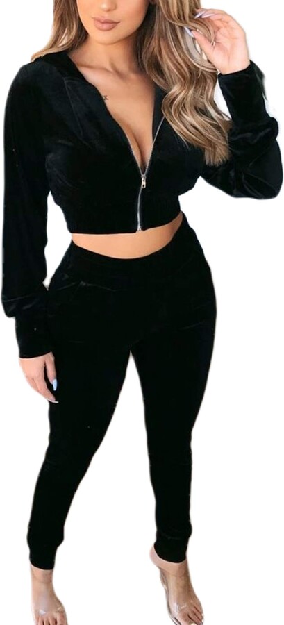 FeMereina Women Velour Velvet Tracksuit Zip Up Crop Tops + Long Pants ...