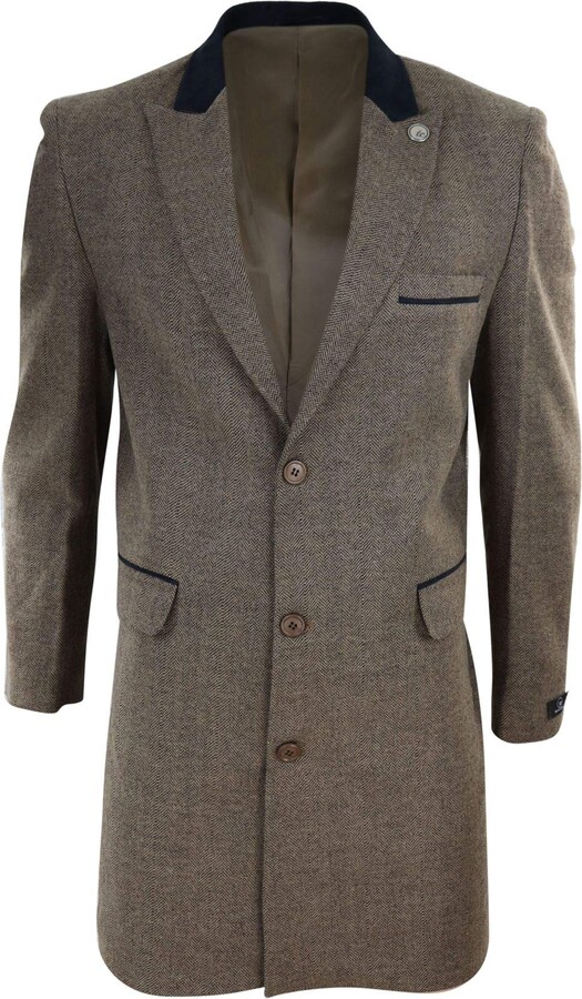 TruClothing.com Mens 3/4 Long Crombie Overcoat Jacket Herringbone Tweed ...