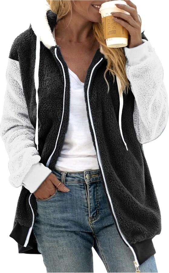 MODSGUE Women's Plush Jacket with Hood Thermal Teddy Jacket Winter Warm ...