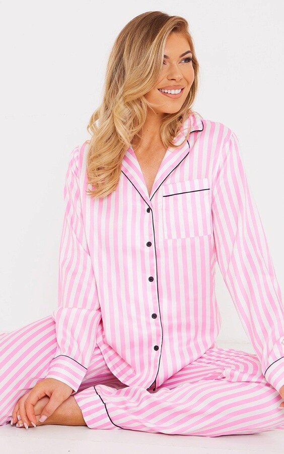 Baby Pink Stripe Print Contrast Piping Satin Long PJ Set - ShopStyle ...