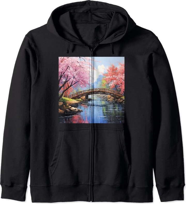Japanese Cherry Arty Nihon's Symphony Waltz Sakura on the Bridge Canvas Zip Hoodie - ShopStyle