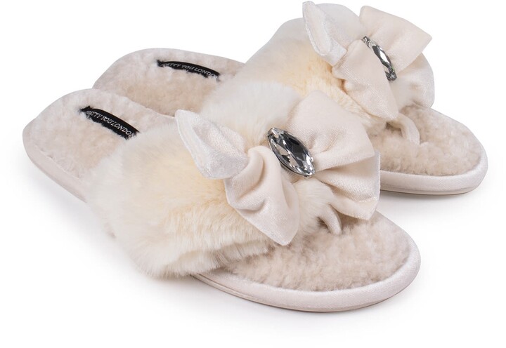 Pretty You London - Diana Luxury Jewel Toe Post Slippers In Cream ...