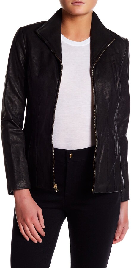 Cole Haan Leather Front Zip Wing Collar Jacket - ShopStyle