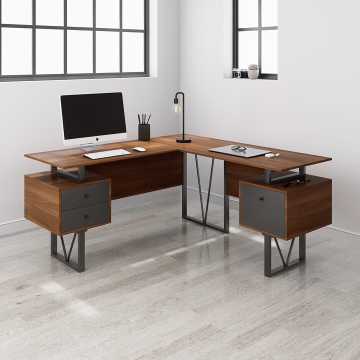 RASOO Techni Mobile double-sided L-shaped computer desk with drawers ...
