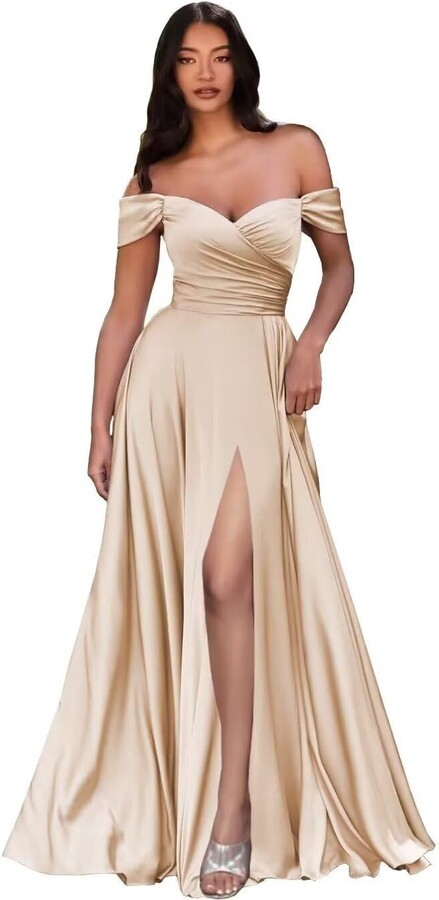HYEC7 Off Shoulder Silk Satin Prom Dresses Long Elegant Evening Dresses with Slit Mermaid ...
