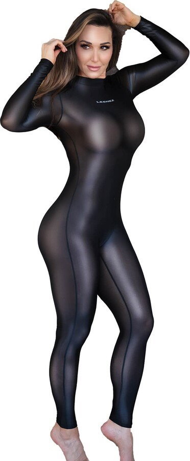 LEOHEX Sexy Hot Sheer Bodysuit Satin Shiny Catsuit Womens Transparent ...