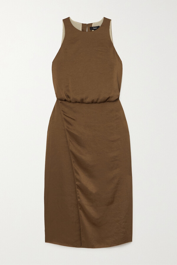 Theory Wrap-effect Hammered-satin Midi Dress - Brown - ShopStyle