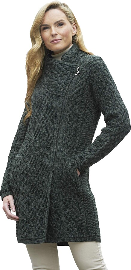 Aran Crafts Ladies Merino Wool Cable Knit Coat With Side Zip Green Colour - ShopStyle