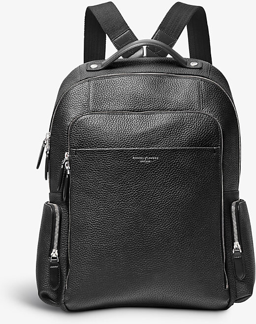 Aspinal of London Mens Black Reporter Zipped Pebbled Leather Backpack ...