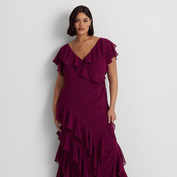 Lauren Woman Ralph Lauren Ruffle-Trim Crinkle Georgette Gown ...
