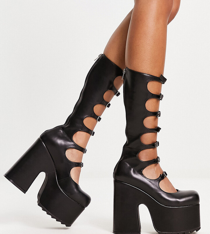 Lamoda platform high leg shoe with buckles in black Exclusive to ASOS ...