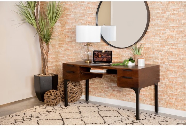 Overstock Millwall Brown Mango and Matte Black 4-drawer Writing Desk ...
