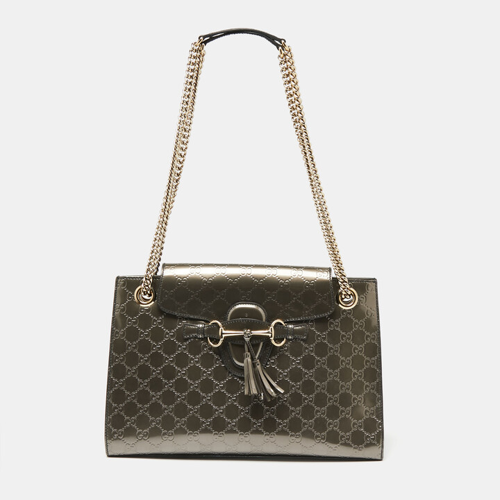 Gucci Metallic Grey Guccissima Patent Leather Large Emily Chain ...