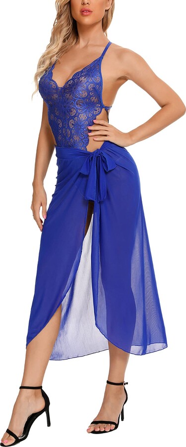BESDEL Women's Sexy Two Piece Lingerie Deep V Lace Bodysuit and Sexy Ladies Mesh Skirt Blue L ...