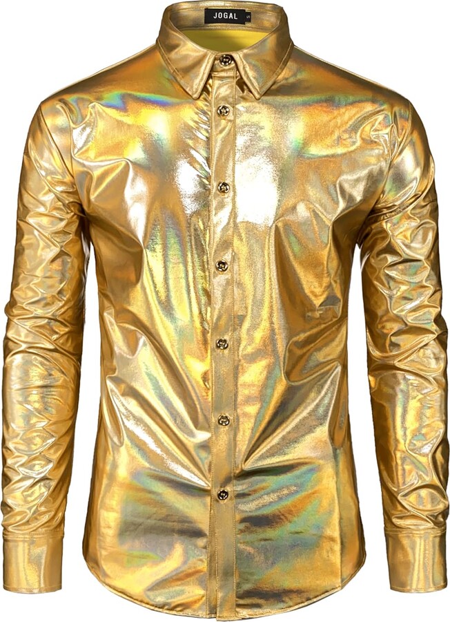 JOGAL Mens Metallic Shiny Nightclub Styles Long Sleeves Button Down ...