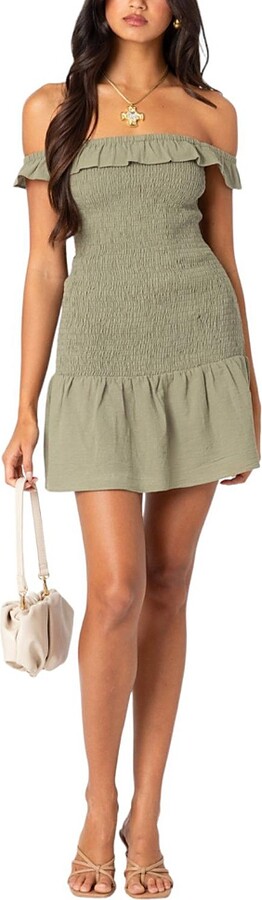 Edikted Off Shoulder Scrunched Linen Look Mini Dress - ShopStyle