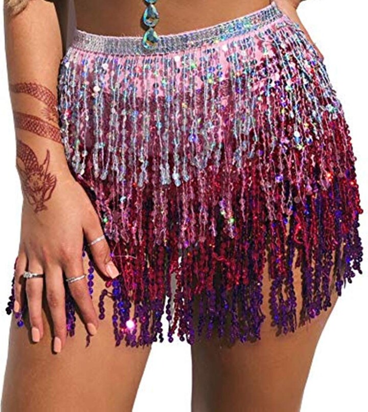 Baisdan Sequin Tassel Skirt Belly Dance Hip Scarf Festival Club Summer Beach Wrap Mini Skirts ...
