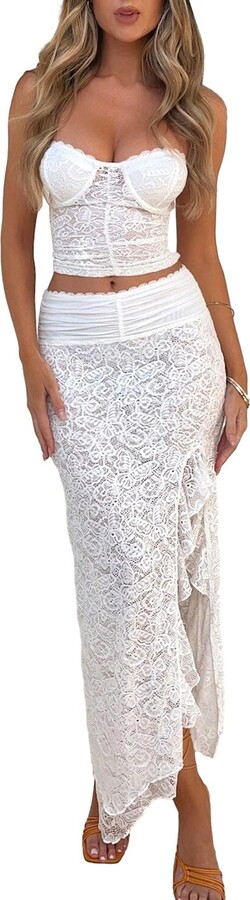 Femereina Women 2 Piece See Through Outfits Floral Lace Strapless Tube