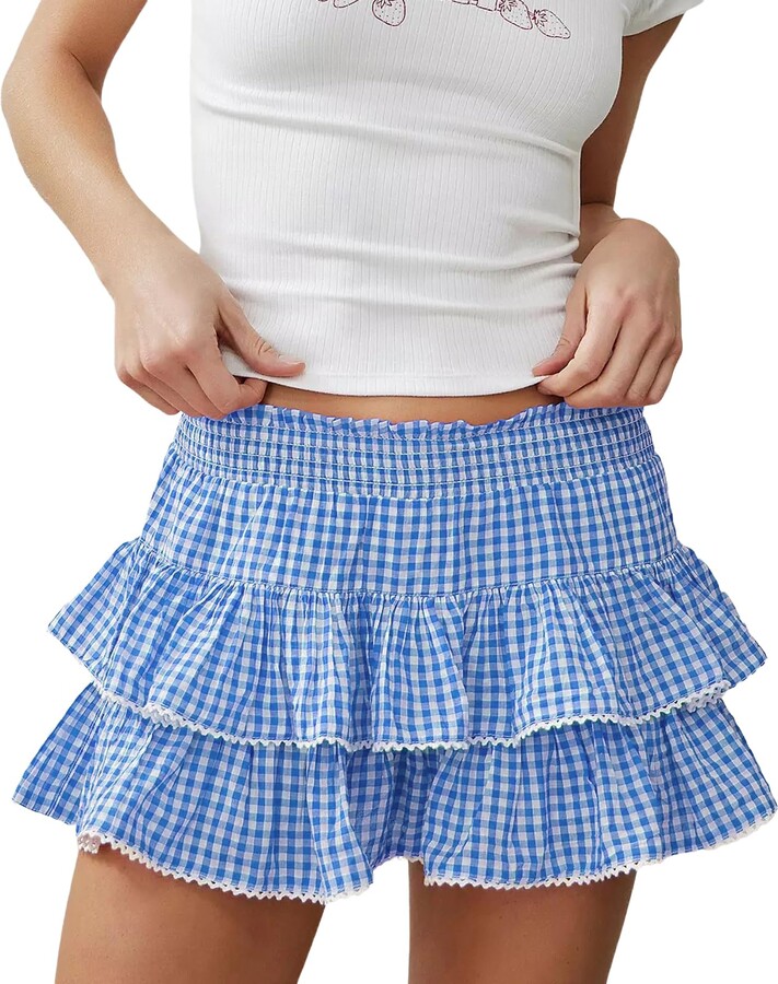 CocMouse Womens Plaid Micro Mini Skirt Ruffle Lace Hem A-Line Pleated ...