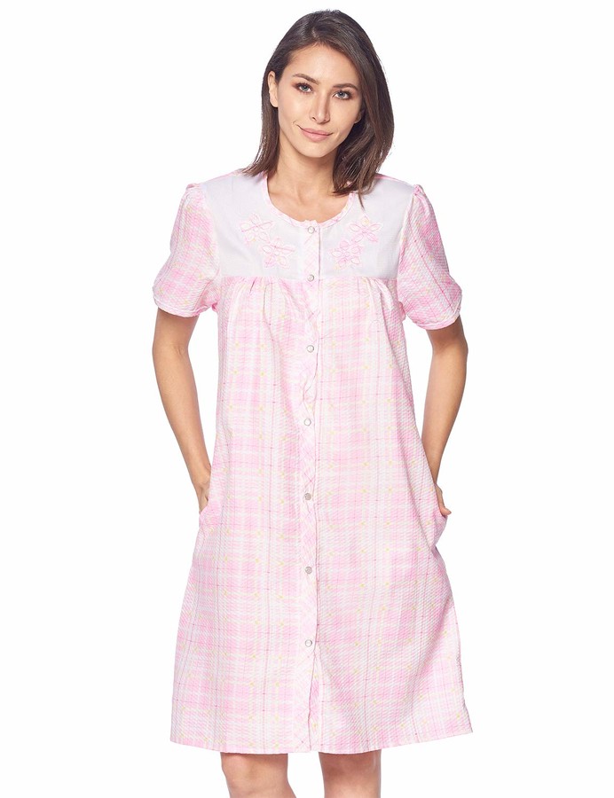 Casual Nights Women's Snap Front House Dress Embroidered Short Sleeve ...