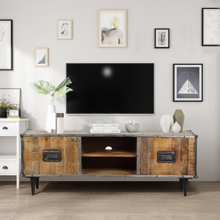 ExBrite Solid Wood Media Console 2 Doors Back Black Metal Legs for TV ...